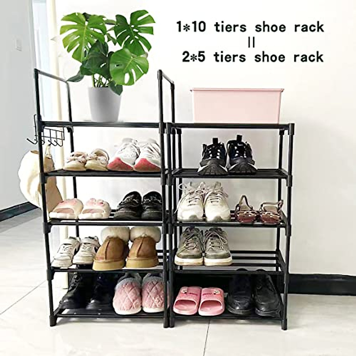 ANJETKON 10 Tier Durable Black Metal with Hooks Skinny Narrow Corner Standing Vertical Shoe Rack Tall Tower for Small Spaces Entryway Closet 20-24 Pairs Shoe and Boots Organizer Storage Shelf