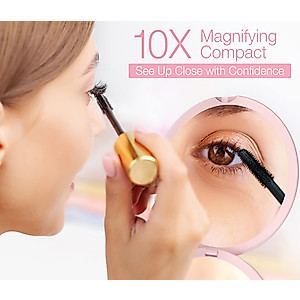 StudioZONE Compact Mirror for Purses - 10X Magnifying - Pink Compact Mirror - Perfect Magnification for Travel - 2-Sided - 10X Makeup Mirror and 1x True View - 4" Diameter