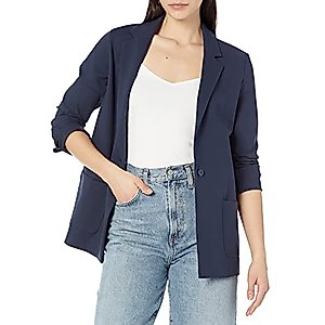 Amazon Essentials Women's Relaxed-Fit Soft Ponte Blazer, Navy, Medium