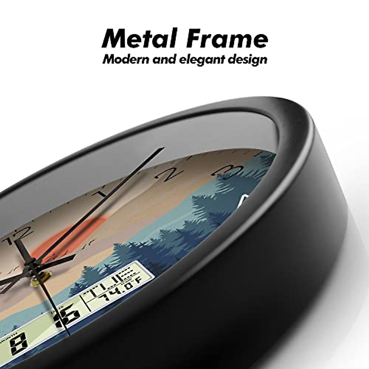 Silent Wall Clock with Day Week Temperature Wilderness with Sunset Non-ticking Battery Operated Large Digital Modern Clocks Display with Calendar and Date for Kitchen Farmhouse Bathroom Office 12 Inch