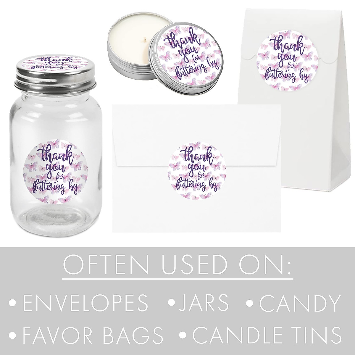 Butterfly Birthday Party Thank You Stickers, Candy Stickers, Envelope Seals - 40 Count