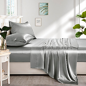 Lanest Housing Silk Satin Sheets, Queen Size Satin Bed Sheet Set with Deep Pockets, Cooling Soft and Hypoallergenic Satin Sheets Queen - Light Gray