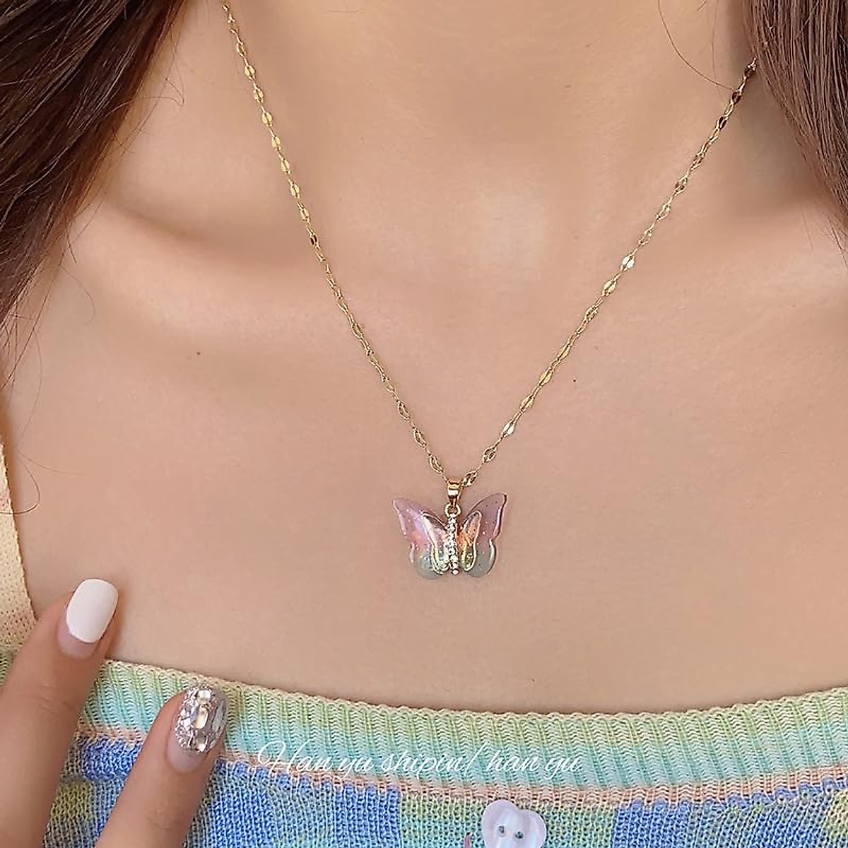 HOLINSE Butterfly Necklace for Women - Fairy Cubic Zirconia Butterfly Pendant Necklaces Titanium Steel (Gold Pink)