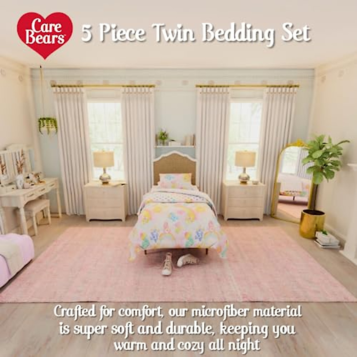 Franco Care Bears Classic Retro Rainbow Bedding 5 Piece Super Soft Comforter and Sheet Set with Sham, Twin, (100% Official Licensed Product) Collectibles