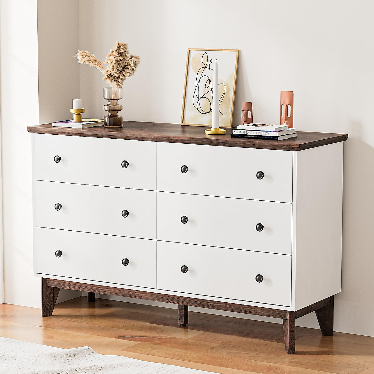 LYNSOM White Dresser for Bedroom, Modern 6 Drawer Double Dresser with Deep Drawers and Gold Knobs, Wood Storage Chest of Drawers for Living Room, Office