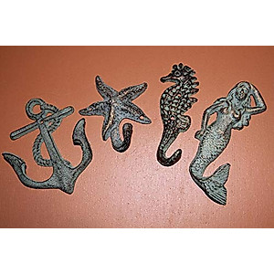 Bronze Look Cast Iron Nautical Towel Hooks, Starfish Mermaid Seahorse Anchor Designs