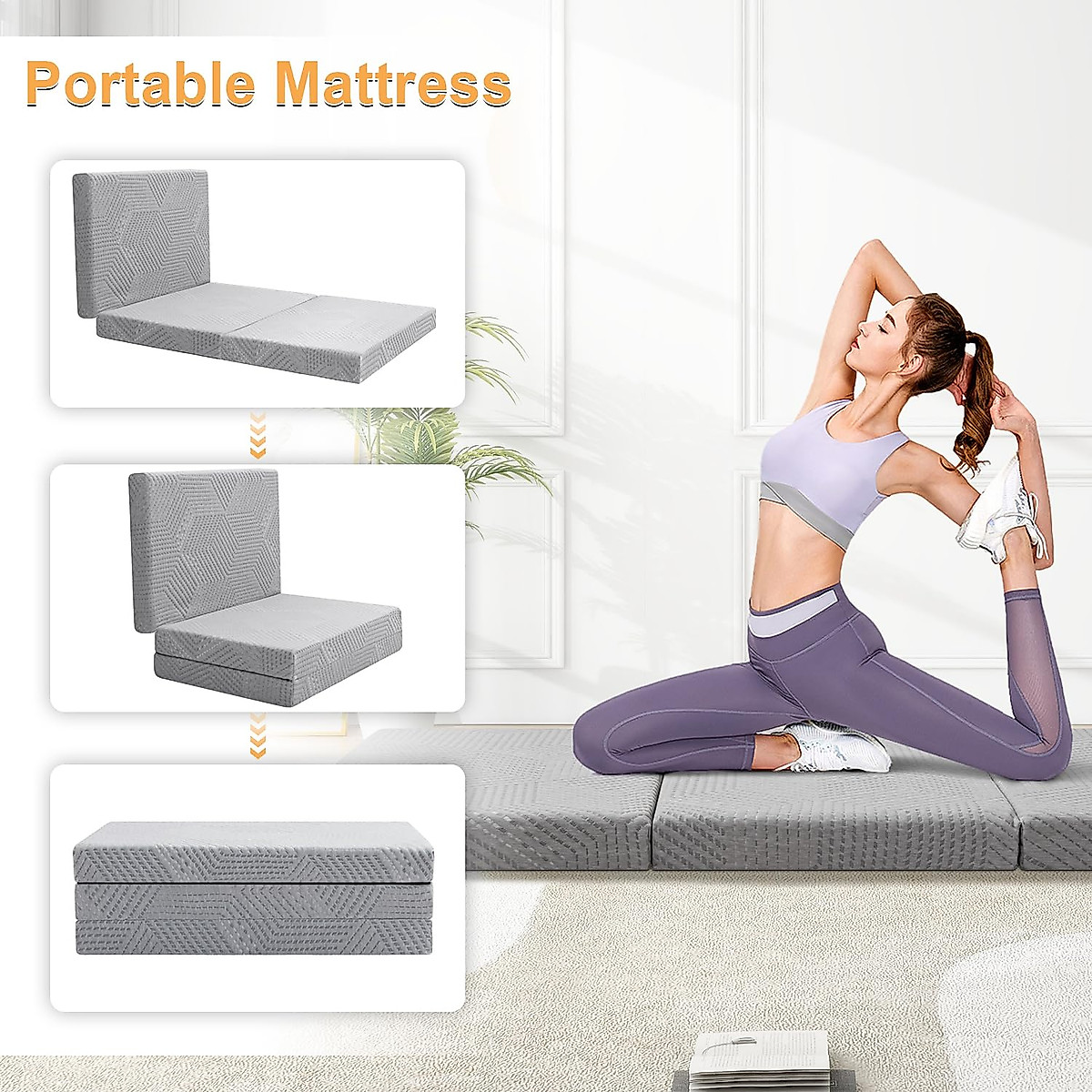 MUUEGM Tri Folding Mattress 4 Inch King Trifold Memory Foam Mattress Foldable Bed Mattress with Washable Cover Portable Mattress for Yoga/Camping/RV/Guest Beds,CertiPUR-US Certified,Grey