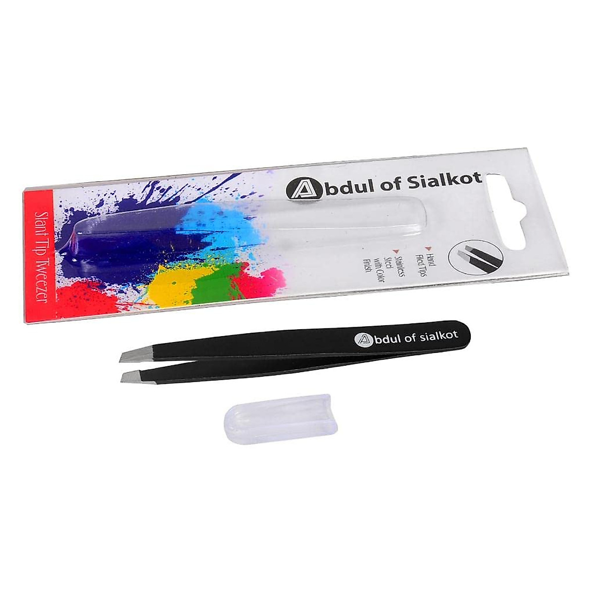 Abdul of Sialkot Tweezers for Eyebrows -Slant Tip Professional Stainless Steel Eyebrow Tweezers for Women & Men - Great Precision on Brow, Facial Hair & Ingrown Hair Pack of 1 (Black)