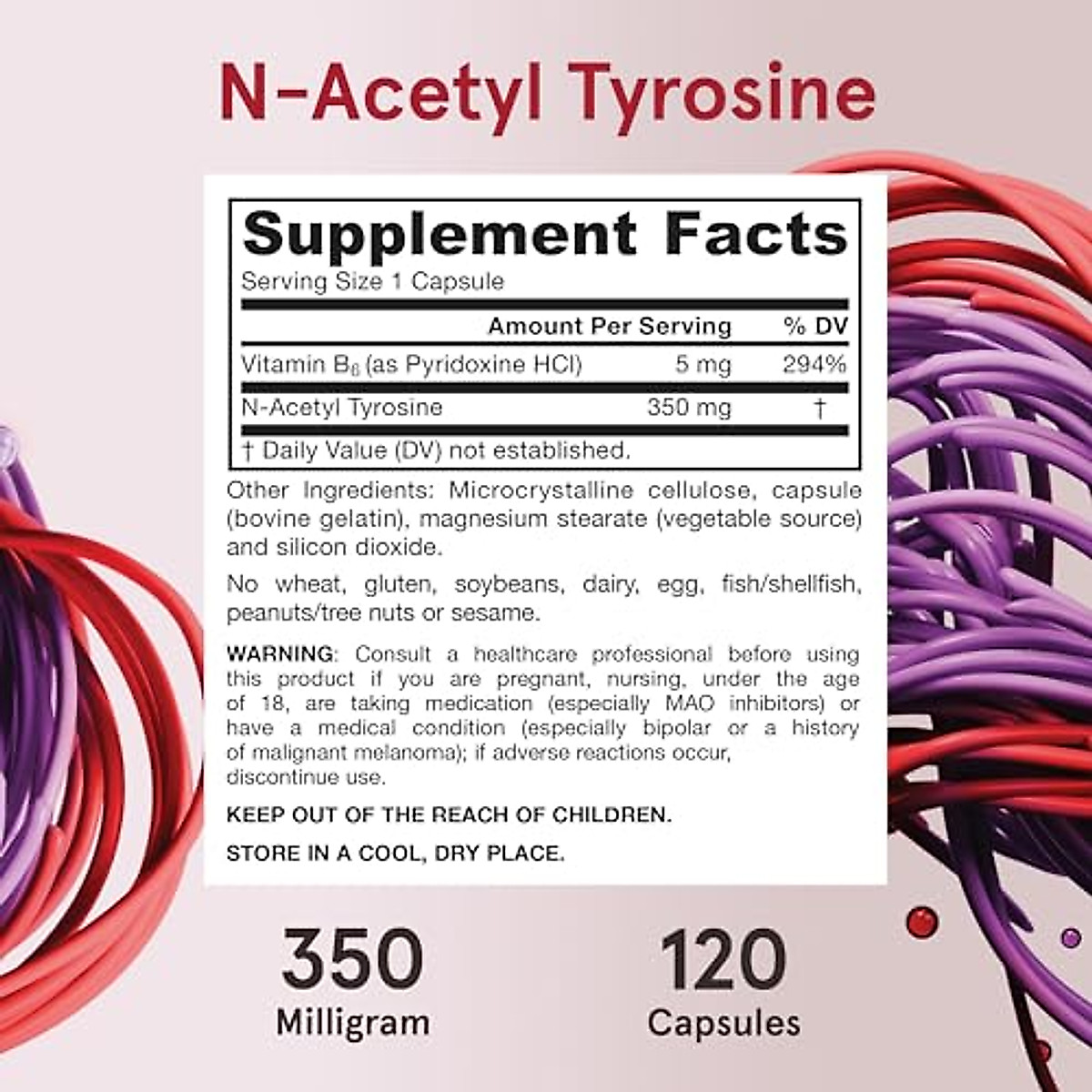 Jarrow Formulas N-Acetyl Tyrosine 350 mg, Brain Support Supplement, Dietary Supplement, Contains Vitamin B6 for Amino Acid Metabolism, 120 Capsules, 120 Day Supply