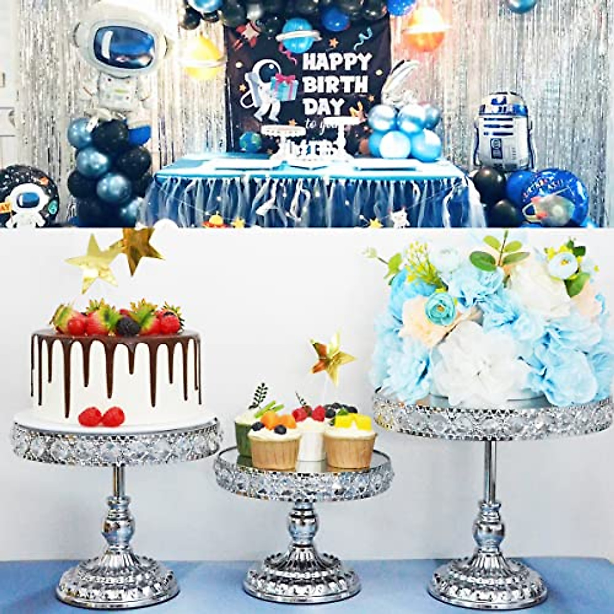 FEICTPOX Cake Stand Set for Dessert Table Metal Cake Stands with Crystal Cupcake Display Stand,Silver