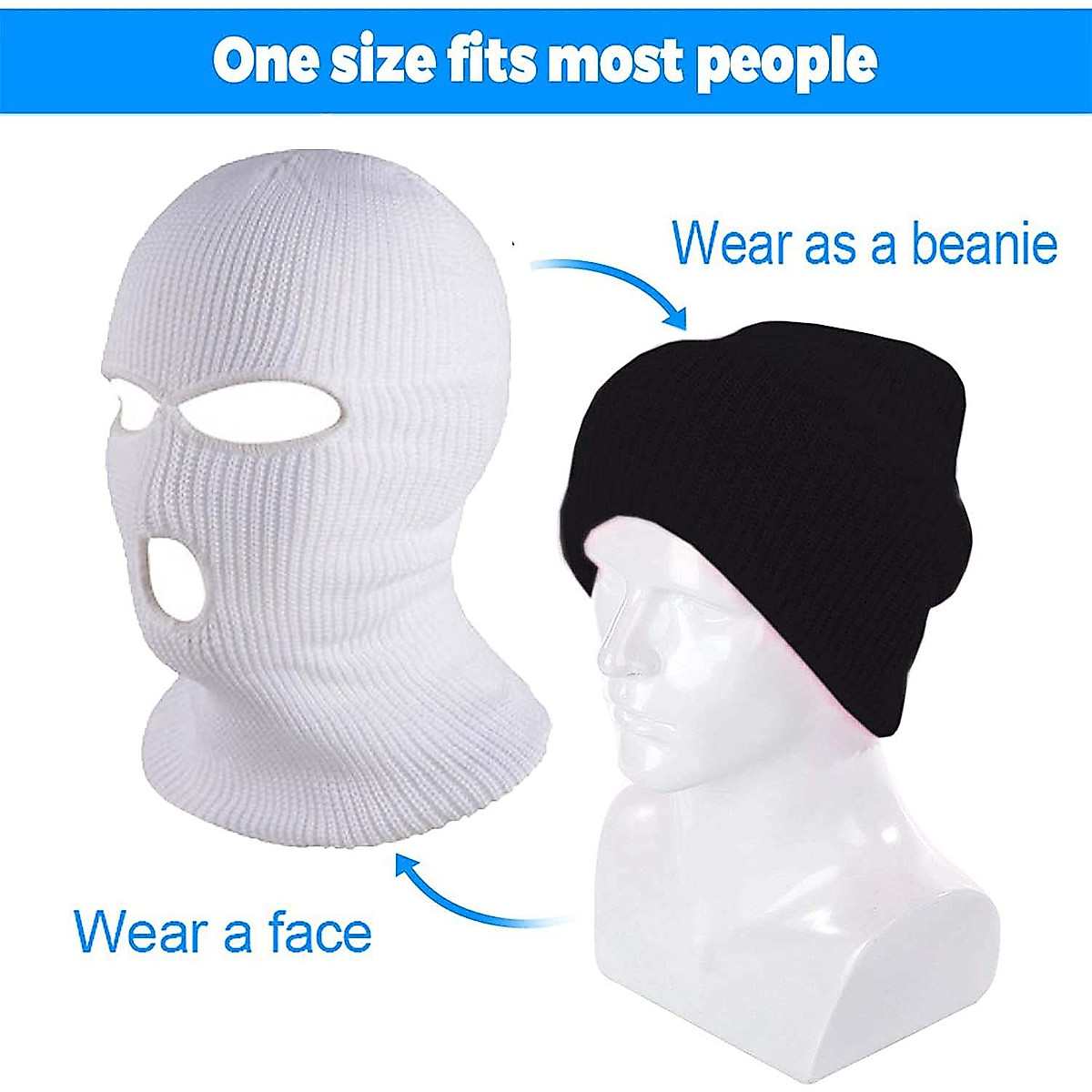 Fvviia 2 Pieces 3 Hole Knitted Face Cover Double Thermal Windproof Winter Ski Mask for Outdoor Sports (White&Black)
