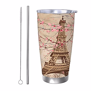 AYCZN Vintage Paris Flower 20 OZ Tumbler Stainless Steel Travel Coffee Mug, Eiffel Tower Insulated Water Bottle with Lid Leakproof Thermal Cup