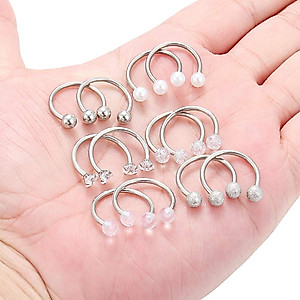 SCERRING 6 Pairs 14G Stainless Steel Horseshoe Nipple Rings Hoop Cartilage Earrings Nipplerings Piercing Jewelry Women Men Clear CZ 16mm Silver