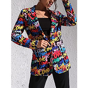 WDIRARA Women's Color Block Graphic Print Long Sleeve Lapel Blazer Jacket Multicolor Letters L