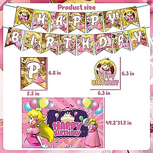 Mario Princess Peach Birthday Party Supplies for Girls, Princess Peach Party Decorations Include Banner, Princess Peach Balloon, Backdrop, Cupcake Toppers for Princess Peach Birthday Decorations