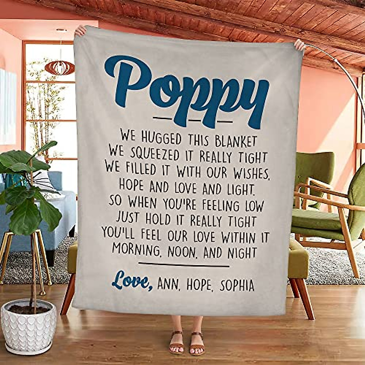 Lovely Store Personalized Poppy with Grandkids Name Blanket for Grandpa Unique Birthday Gifts Papa Dad Grandfather from Grandkids, Fathers Day Christmas, Multicolor, 50''x60''