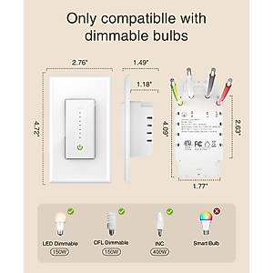 GHome Smart Dimmer Switch Works with Alexa Google Home, Single Pole 2.4GHz Wi-Fi Switch for Dimmable LED CFL INC Light Bulbs, Neutral Wire Required, UL Certified, No Hub Required, 1Pack