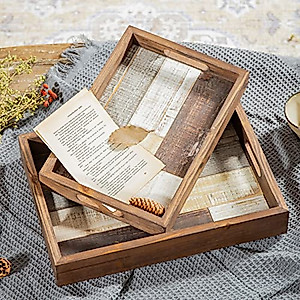 Wooden Serving Trays with Handles Set of 2, Unique Coffee Table Tray, Rectangular Decorative Ottoman Food Trays for Eating, Farmhouse Serving Platter for Food, Drinks, Breakfast, Patio, Home, Party