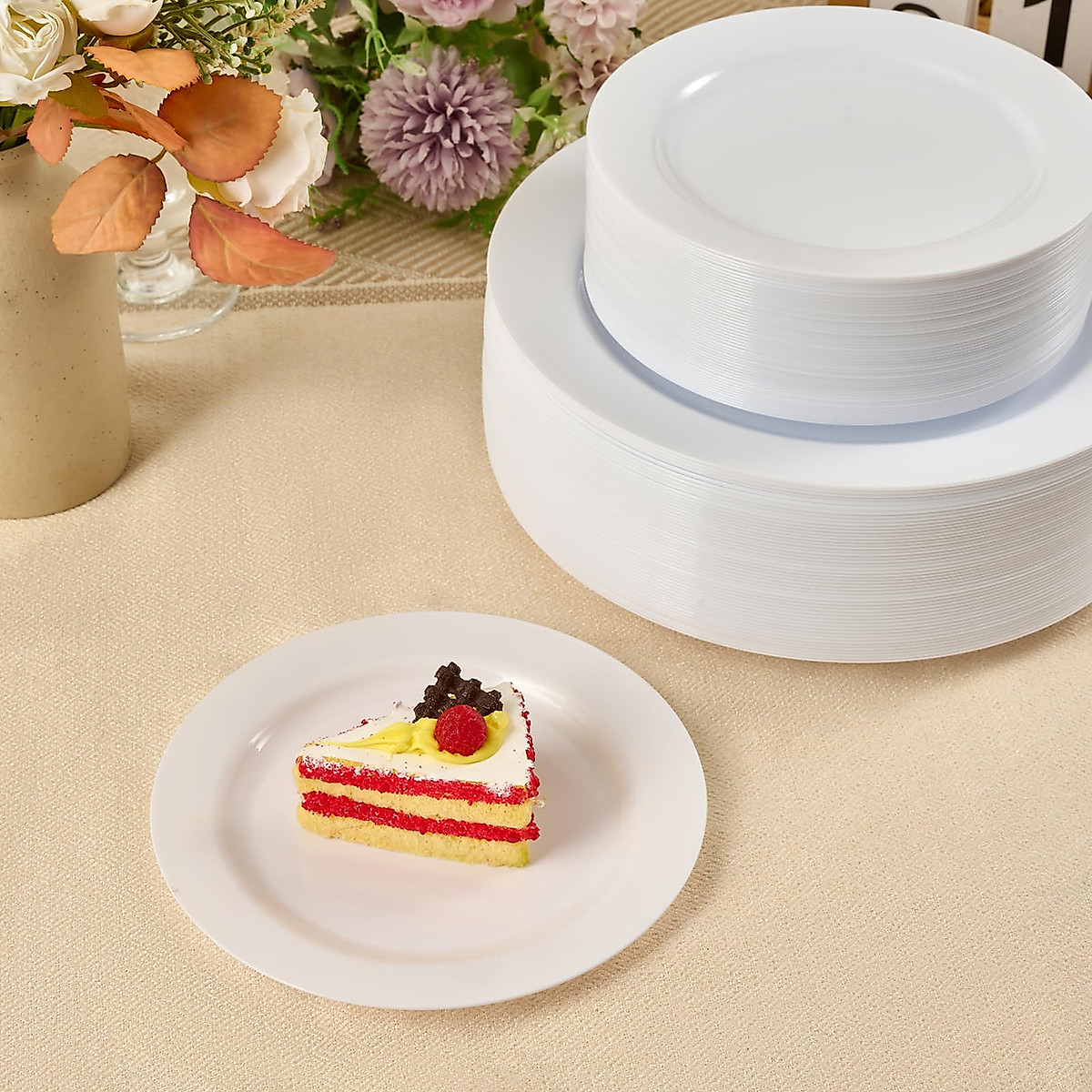 FOCUSLINE 100 Count White Plastic Plates 7 Inch, Disposable Heavy Duty Plastic Dessert Plates- Premium Hard Plastic Plates Fancy Disposable White Plates for Weddings, Parties and Events