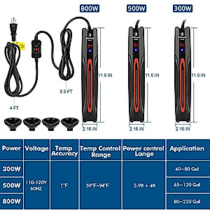 fishkeeper Ultra-Safe Intelligent Submersible Aquarium Heater 300W/500W/800W Electronic Precision Thermostat Fish Tank Heater with Run-Dry and Overheat Protection for 40~220 Gallon Fish Tank