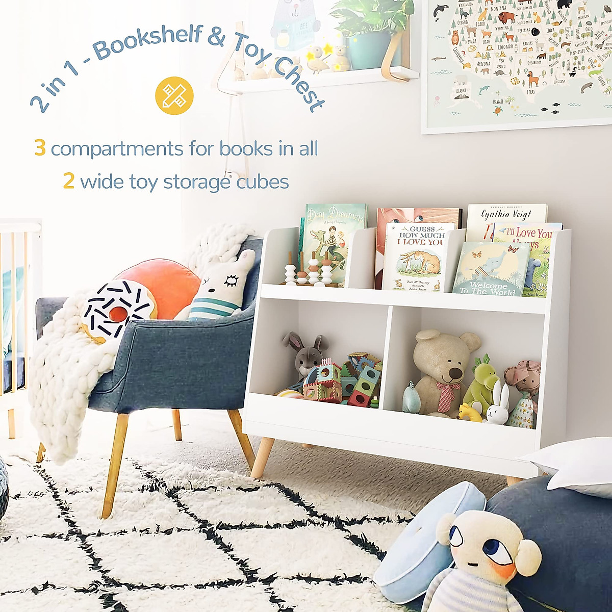 Curipeer Kids Bookshelf and Toy Organizer, 5 Cubbies Wooden Open Bookcase, 2-Tier Baby Storage Display with Legs, Free Standing Bookshelf for Playing Room, Bedroom, Nursery, Classroom, White