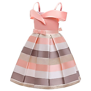 NSSMWTTC Girls Off Shoulder Dress Kids Christmas Sunday Halloween Baptism Christening Striped Dresses (Pink,140)
