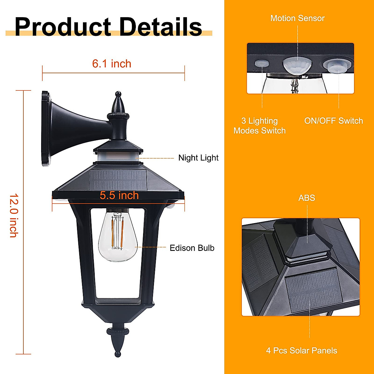 Kuniwa Motion Sensor Solar Wall Lights Outdoor with 3 Lighting Modes, Dusk to Dawn LED Wall Lantern Porch Sconce Waterproof Exterior for Barn Patio Garage Garden Farmhouse Door, 2 Types of Wall Mount