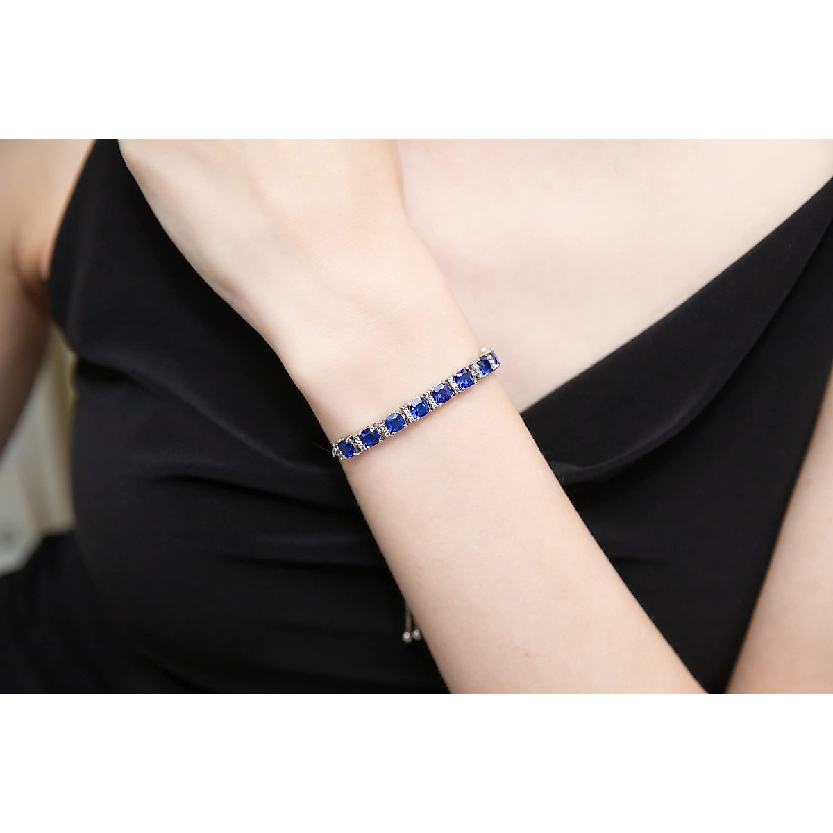 B. BRILLIANT Sterling Silver Created Blue Sapphire & White Topaz Cushion-Cut Adjustable Tennis Style Bolo Bracelet for Women