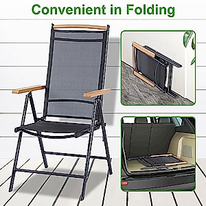 Haquatisol Patio Dining Chairs Set of 2, Outdoor Folding Sling Chair with 8 Level Adjustable Backrest, Aluminum Chairs for Porch Camping Pool Beach Deck Lawn Garden