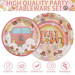 Grencian 96Pcs Groovy Birthday Party Decorations Hippie Tableware Set Daisy Hippie Paper Plates and Napkins for Girls Boys One Two Groovy Birthday Party Supplies Retro Boho Bachelorette Baby Shower