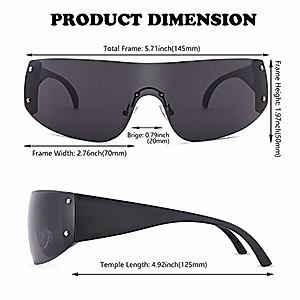 NULOOQ Rimless Y2K Sunglasses for Women Men Trendy Shield Wrap Around Sun Glasses Oversized Frameless Shades (Black/Gray)