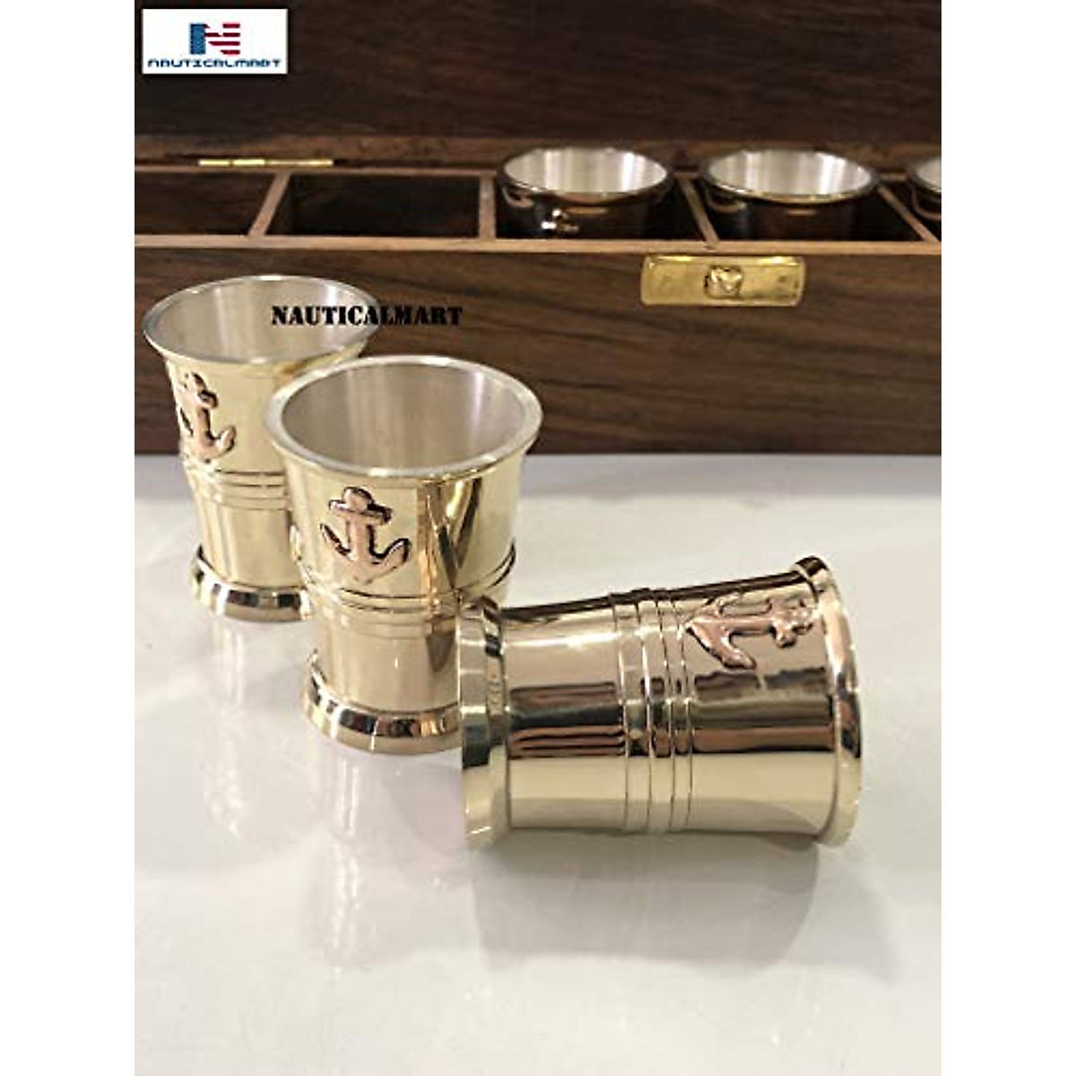 Nautical-Mart Brass Tequila Shot Glass with Anchor Monogram in Handmade Wooden Box – Six Glass Set