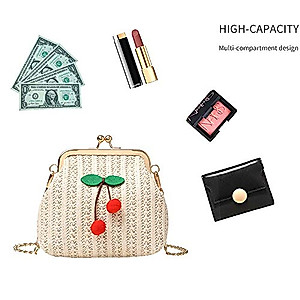 Buddy Supplies Women Straw Weave Handbag Summer Beach Purse Kiss Lock Shoulder Bag Chain Crossbody Bag beige