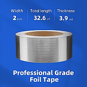 NEZUIBAN Aluminum Foil Tape,2Inch by98Feet(32.6yards) 3.9Mil Insulation Heat Resistant Tape Perfect for HVAC, Dryer Vents,Sealing & Patching Hot & Cold Air Ducts