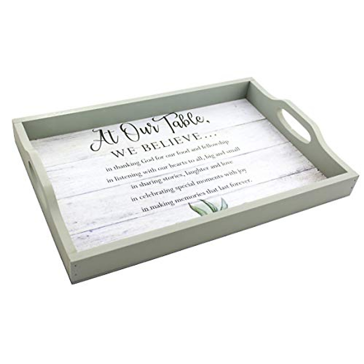 at Our Table We Believe Prayer Serving Tray with Slatted Wood Look 18"x 12" Rustic Farmhouse Modern Sage Green Leaves Decorative Large Platter