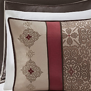 Madison Park Essentials Delaney 24-Piece Room In A Bag Comforter Set-Satin Jacquard, All Season Luxury Bedding, Sheets, decorative pillows and Curtains, Valance, Cal King(104"x92"), Medallion Red