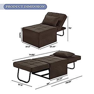 Saemoza Sofa Bed, 4 in 1 Multi Function Single Folding Ottoman Bed, Modern Sleeper Convertible Chair Adjustable Backrest Small Couch Bed for Living Room/Small Apartment, Dark Brown