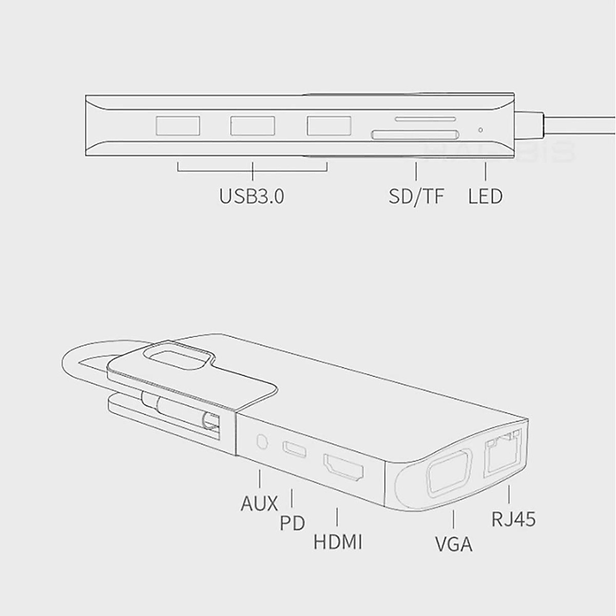 Port Expander Docking Station 10 in 1 USB C Hub with Hidden Cable (Ethernet, HDMI, VGA, 3 USB 3.0, SD/TF Card Reader, PD 87W, 3.5mm Audio) USB Splitter