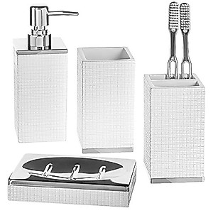 Creative Scents White Bathroom Accessories Set - 4 Piece Bathroom Set with Silver Base - Decorative Bathroom Accessory Set Includes: Soap Dispenser, Toothbrush Holder, Soap Dish and Tumbler (Estella)