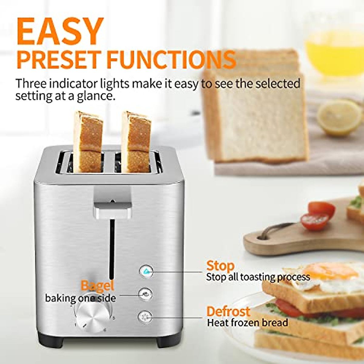 Kikiwell Toaster 2 Slice, Stainless Steel Bread Toasters, Extra Wide Slots, 6 Bread Shade Settings, Bagel/Defrost/Cancel Function, Removable Crumb Tray, 120V/850W (2 Slice)