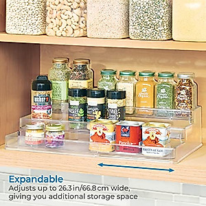 iDesign 64140 iDesign Linus Plastic Expandable Multi-Level Spice Rack, 3-Tiered Customizable Organizer for Kitchen, Bathroom, Office Cabinet and Countertop, 26.29" x 9.50" x 4.11" extended, Clear