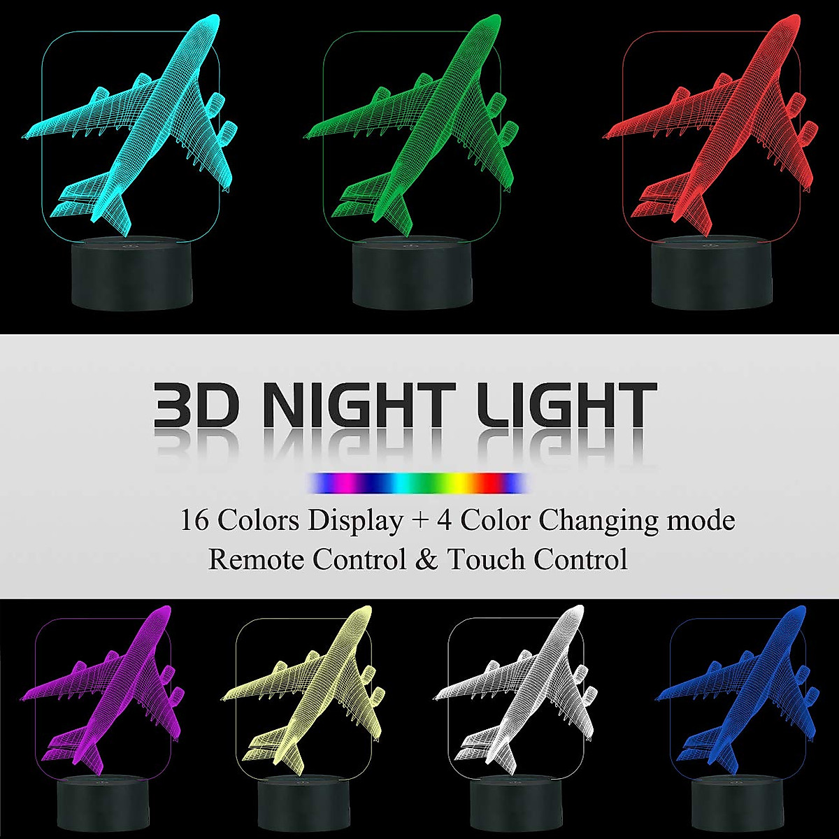 FULLOSUN Aircraft Airplane 3D Night Light Kids Bedside Lamp 16 Colors Changing with Remote Control Xmas Halloween Birthday Gift for Child Baby Boy