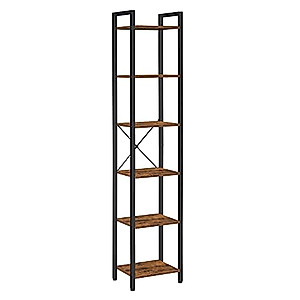 VASAGLE 6-Tier Tall Bookshelf, Narrow Bookcase with Steel Frame, Skinny Book Shelf for Living Room, Home Office, Study, 11.8 x 15.7 x 73.8 Inches, Industrial Style, Rustic Brown and Black ULLS101B01