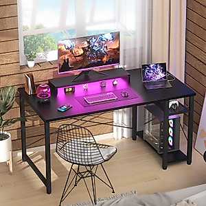 Besiost Gaming Desk with Lights, Reversible Computer Desk with Power Strips, 39.4 Inch Gaming Desk with Moveable Monitor Stand and Shelves, Small Desk for Small Spaces, PC Gaming Desk for Home, Black