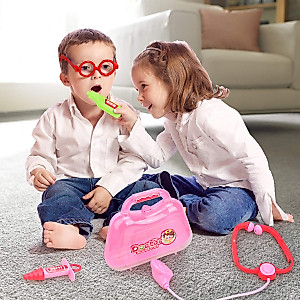 Kid’s Scrubs fedio Role Play Costume Dress up Set with Medical Toy Kit for Toddler Children Ages 3-5 (Hot Pink)