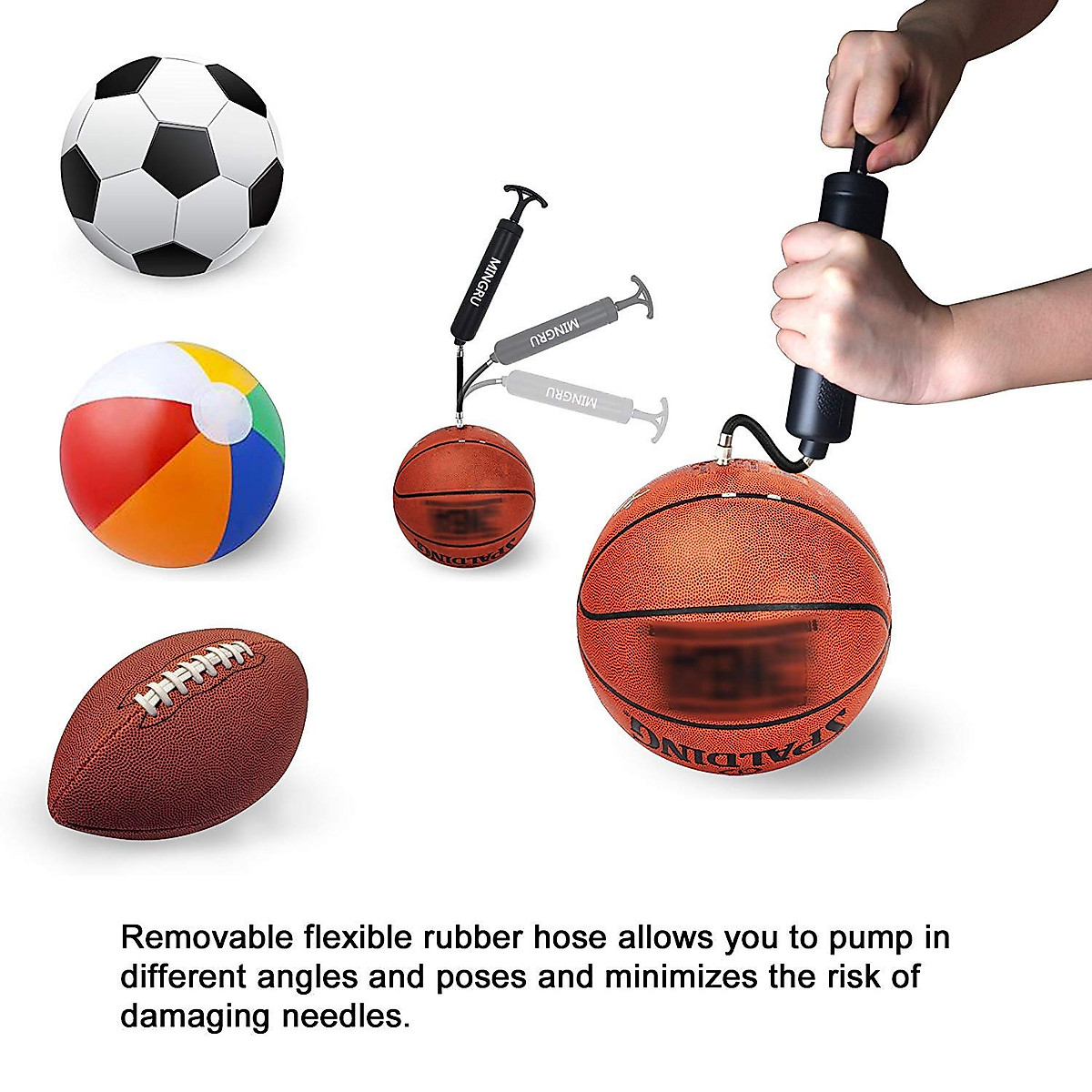 MINGRU Ball Pump for Basketball, Soccer, Volleyball, Rugby, Water Polo Ball & Other Inflatables Air Pump, Needles and Nozzles Included