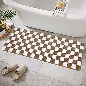 Chaelilife Checkered Bathroom Runner Rugs, Khaki Non Slip Bath Mats for Bathroom, Long Water Absorbent Bath Rug Soft Washable Geometric Shag Rug for Indoor Shower Tub Doormat, 18"x47"