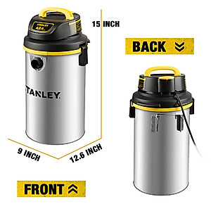 Stanley Wet/Dry Hanging Vacuum, 4.5 Gallon, 4 Horsepower, Stainless Steel Tank