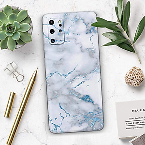 DesignSkinz Marble & Digital Blue Frosted Foil V3 Protective Vinyl Decal Wrap Skin Cover Compatible with The Samsung Galaxy S20 (Screen Trim & Back Glass Skin)