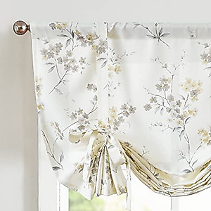jinchan Tie Up Valance Curtain Watercolor Window Tie Up Shade Floral Valance for Windows 63 Inch Farmhouse Botanic Small Window Curtain Adjustable for Living Room Kitchen 1 Panel Yellow Grey on Ivory